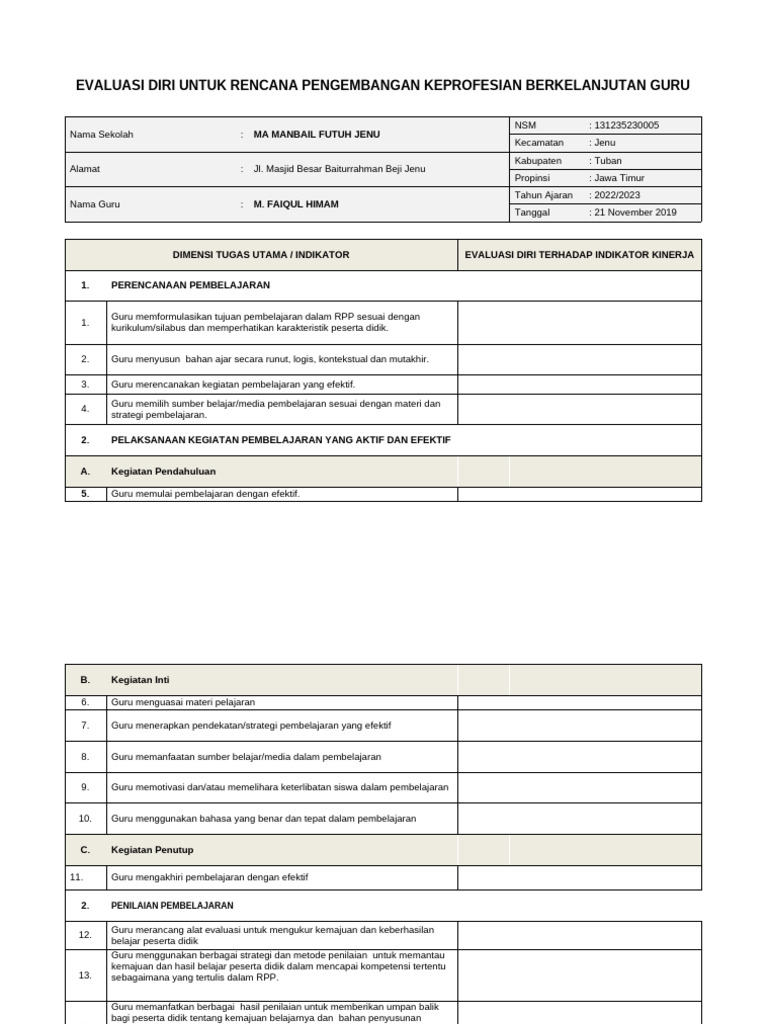 Daftar Evaluasi Diri Kerja Guru | PDF