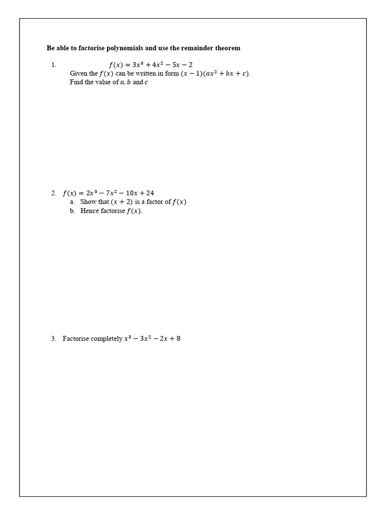 Factorise Polynomials, The Remainder Theorem and Sketching Graphs | PDF