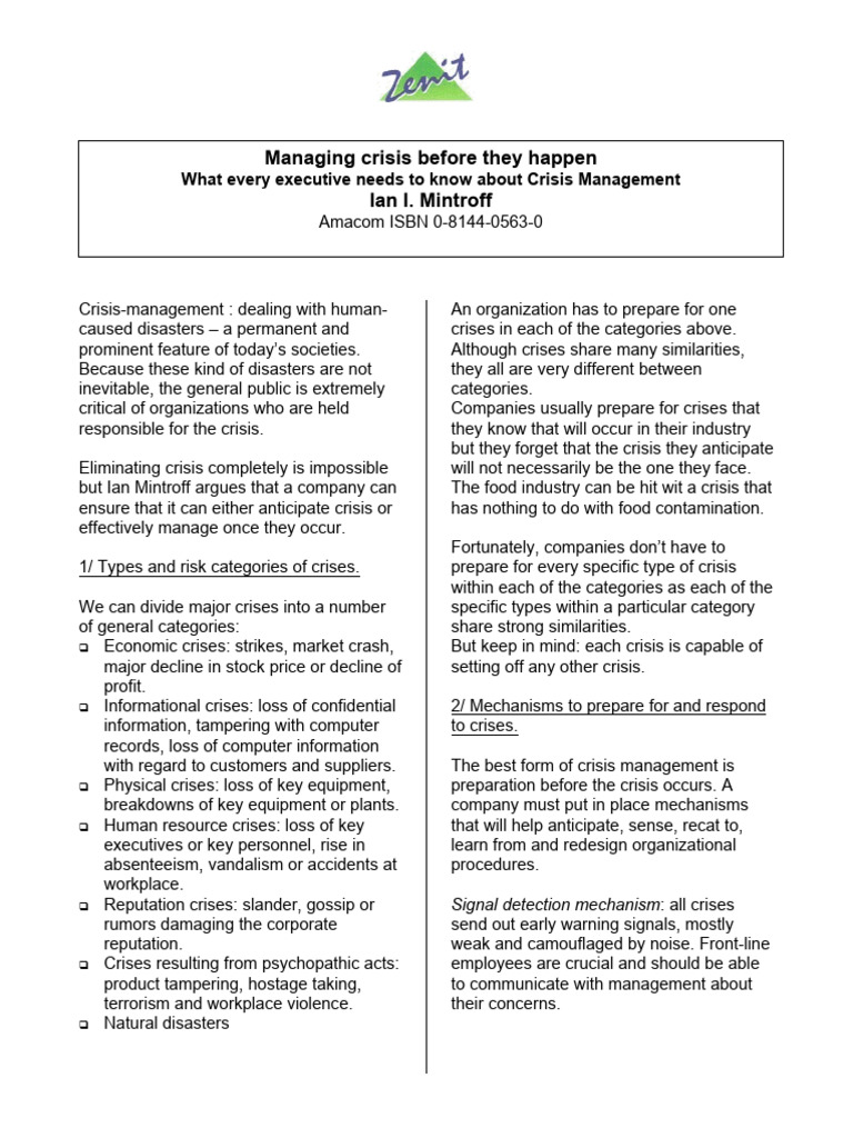 01 Managing Crises Before They Happen Pdf Crisis Management Business