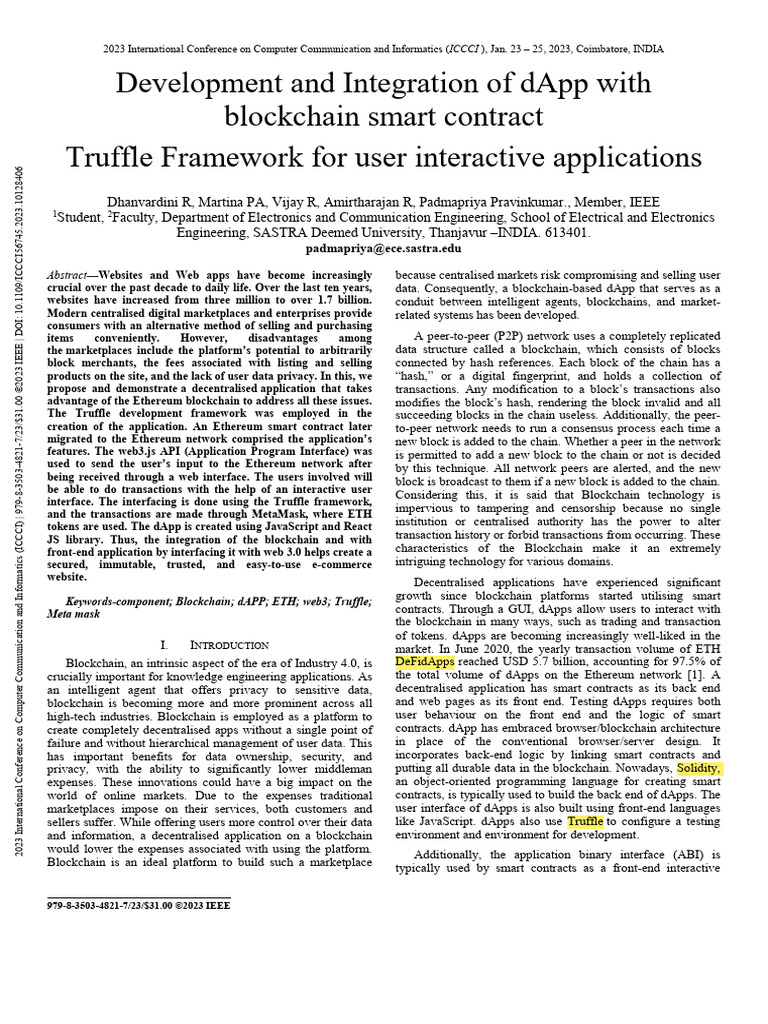 Development and Integration of Dapp With Blockchain Smart Contract Truffle Framework For User ...