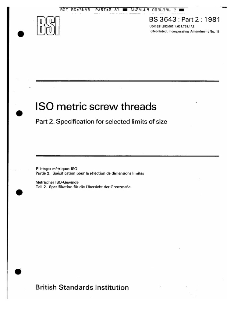 3643 - ISO Metric Screw Threads - Part 2 Specification For Selected ...