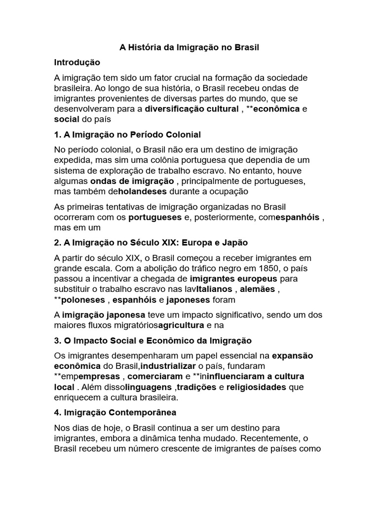 A História Da Imigração No Brasil | PDF | Política