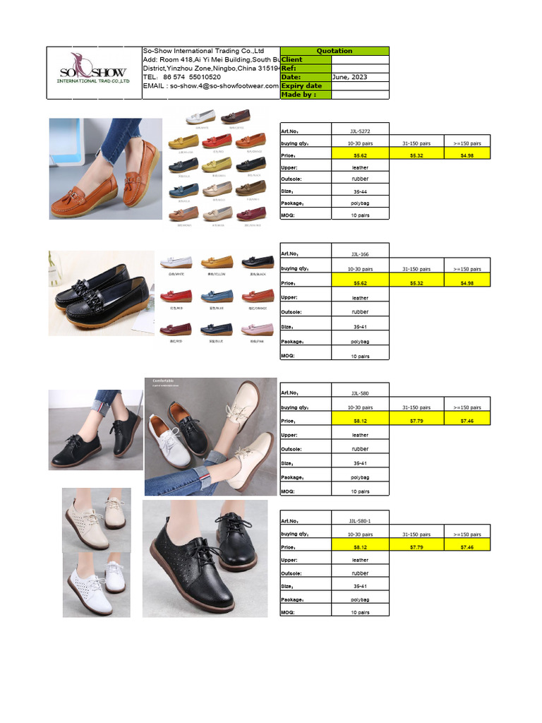 2024.1 Genuine Leather Shoes Quotation Sheet | PDF