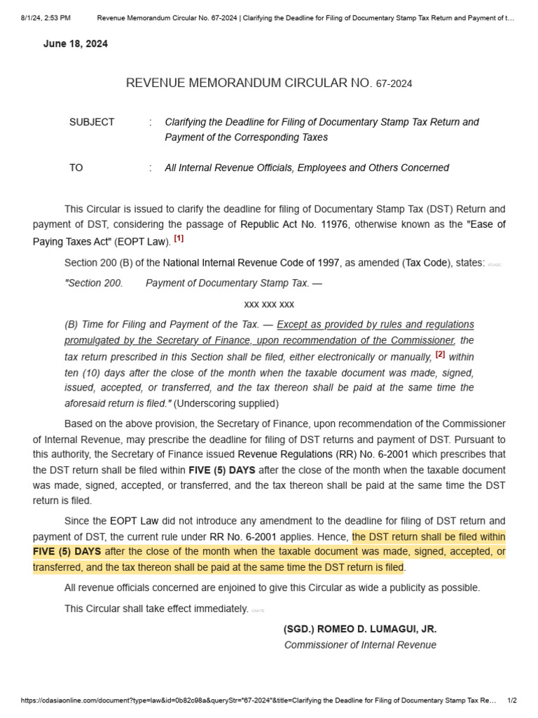 Revenue Memorandum Circular No. 67-2024 - Clarifying The Deadline For ...