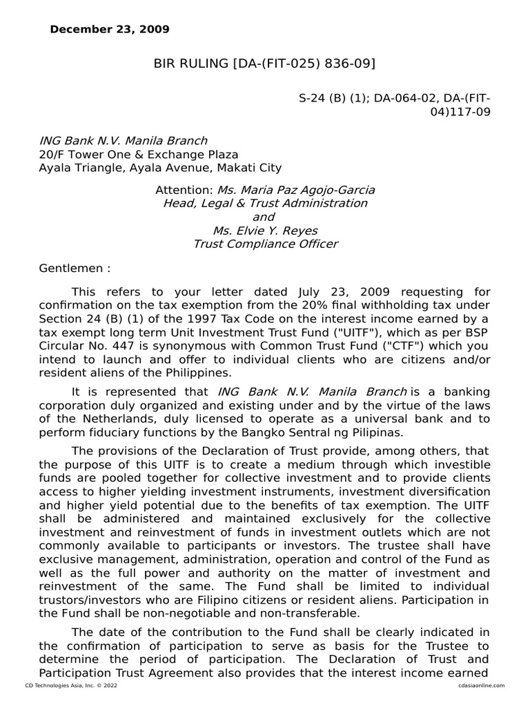 BIR Ruling DA 836-09 (UITF) | PDF | Taxes | Investing