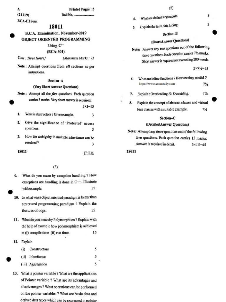 Bca 3 Sem Object Oriented Programming Using CPP 18011 Nov 2019 | PDF