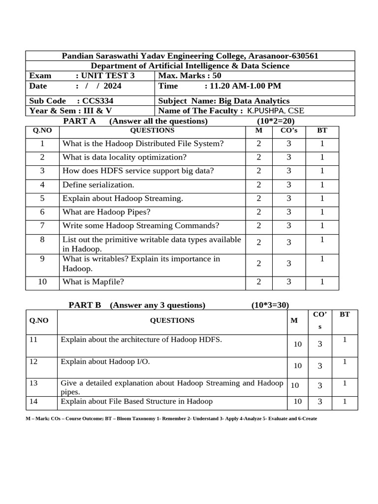 UNIT 3 BIG Data Analytics Question Paper | PDF | Apache Hadoop | Cognition