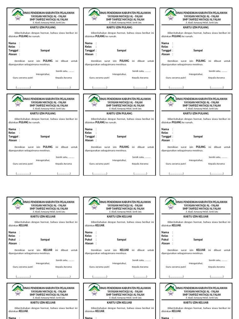 Kartu Izin Asrama | PDF