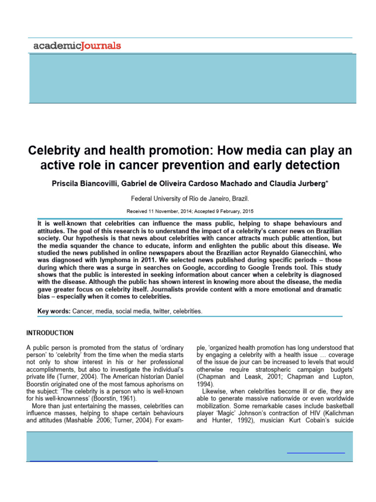 Celebrity and Health Promotion Media Role Cance | PDF | Cancer | News