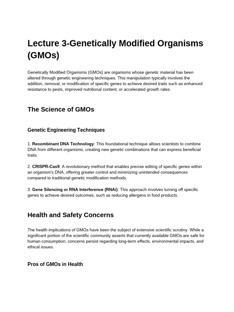 Lecture 3 Genetically Modified Organisms GMOs | PDF | Genetically Modified Organism | Genetic ...
