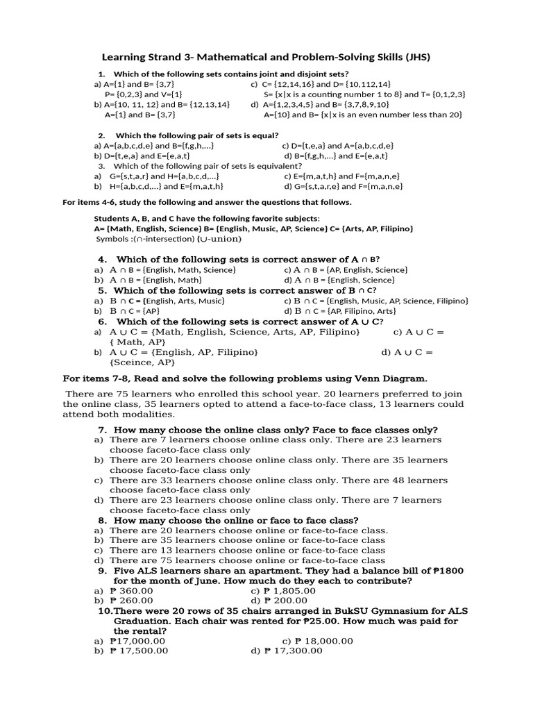 Learning Strand 3.docx Math Questionairs | PDF | Mean | Mathematics