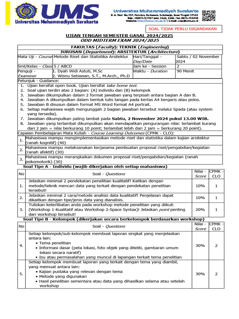 UTS-Metode Riset Dan Statistika Arsitektur - 02 November 2024 | PDF