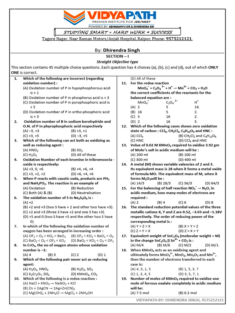 Chemistry Redox Reaction Quiz | PDF | Redox | Chemical Reactions