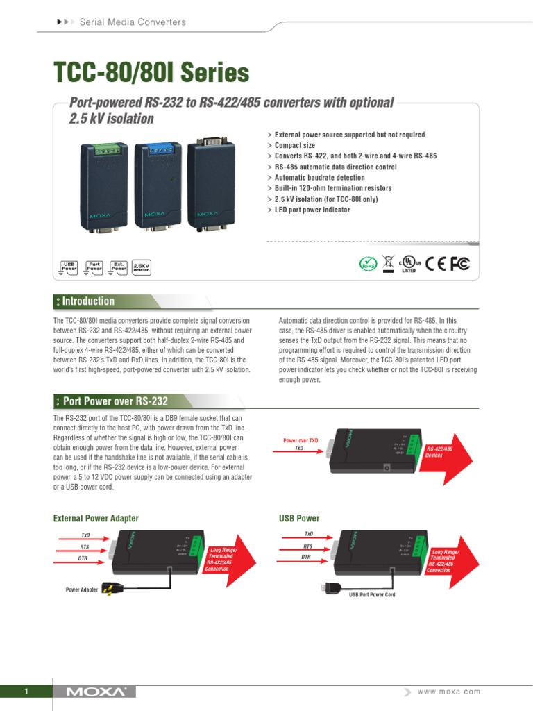 TCC-80 - 80I - Series (Conveter 232 485 MOXA) | PDF | Computer Networking | Data Transmission
