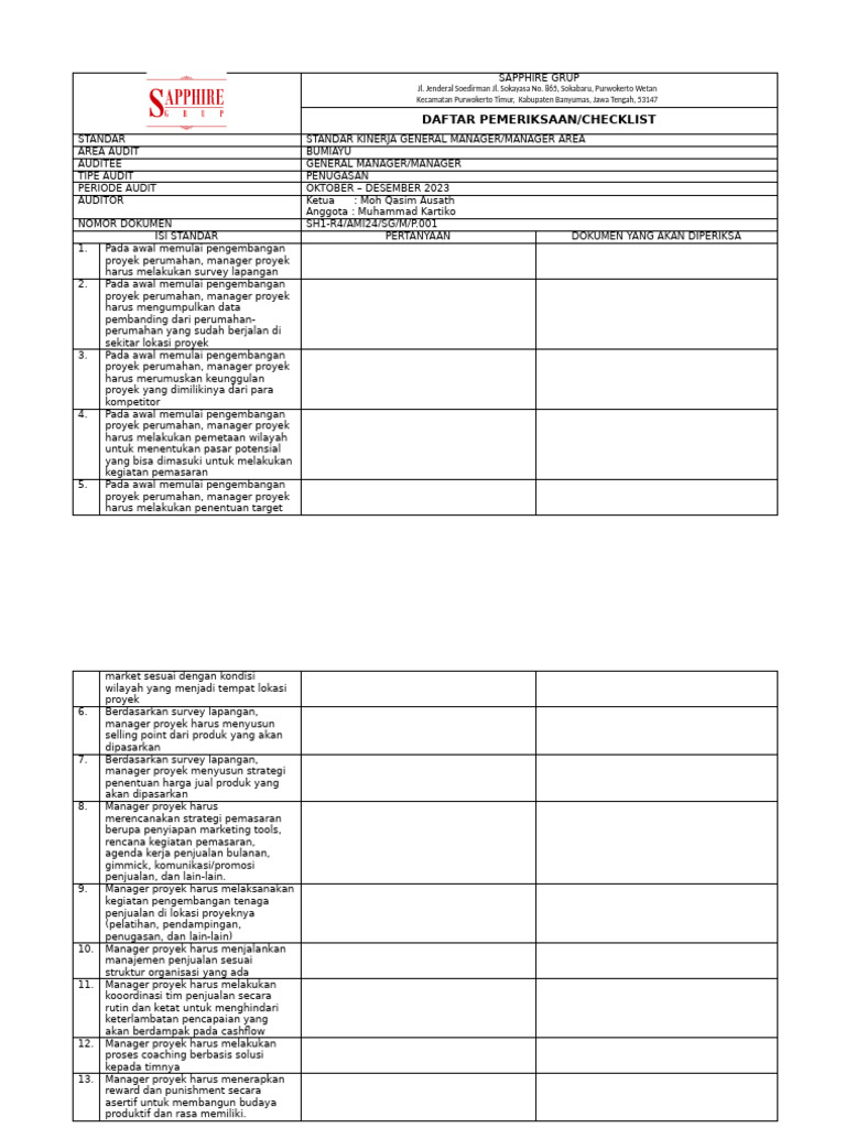 01 Daftar Checklist Manajemen Operasional | PDF