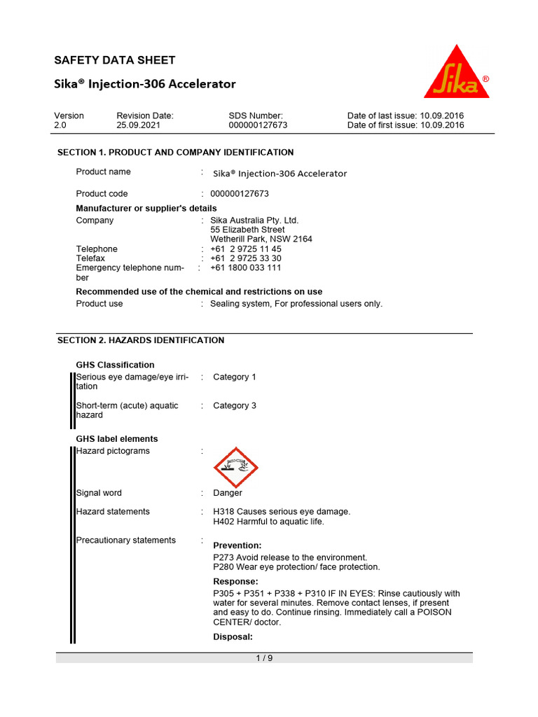 Sika Injection 306 Accelarator GHS7 | PDF | Occupational Safety And ...