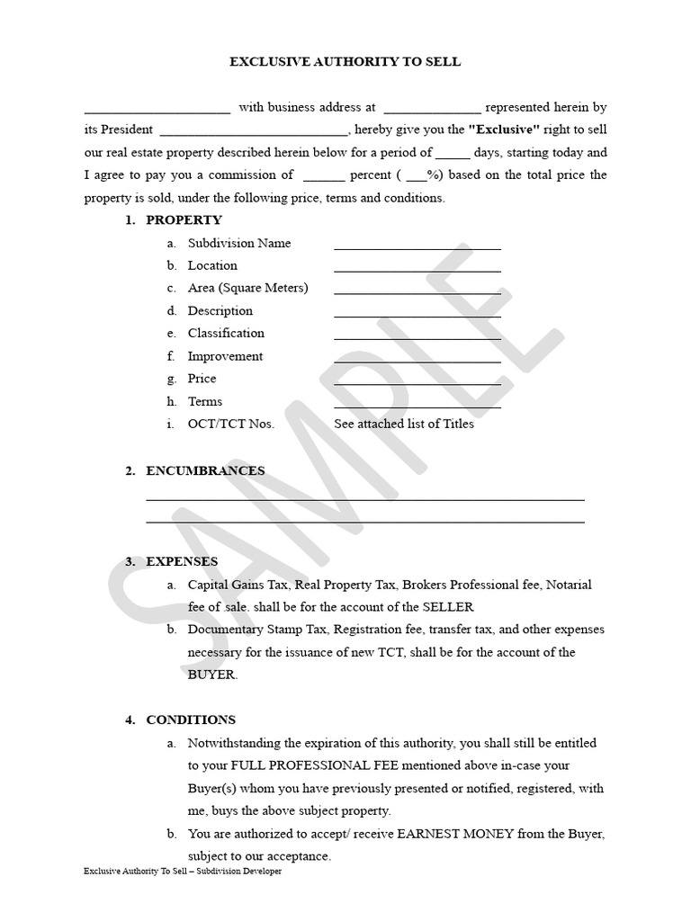 Exclusive Authority to Sell Agreement | PDF | Taxes | Prices