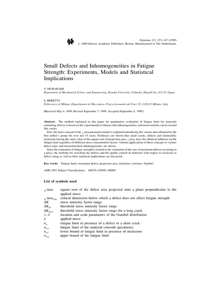 Murakami1999 - Small Defects & Inhomogeneities | PDF | Fatigue ...