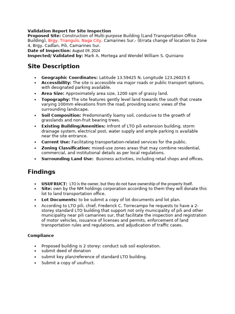 LTO Building Site Validation Report | PDF | Transport