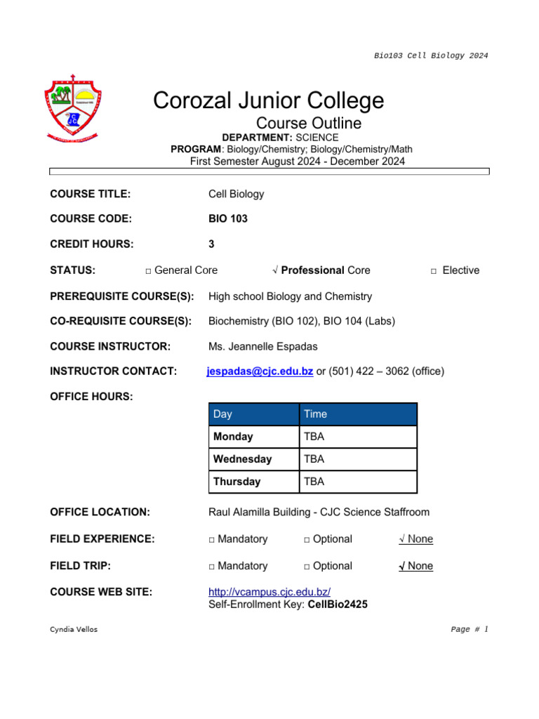 Bio 103 Cell Biology Course Outline Sem I 2024 - 2025 - J Espadas | PDF ...