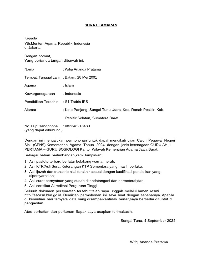 Surat Lamaran CPNS Kementerian Agama 2024 | PDF | Hukum