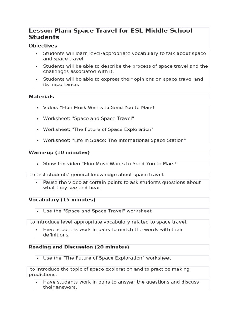 ESL Lesson Plan: Space Travel | PDF