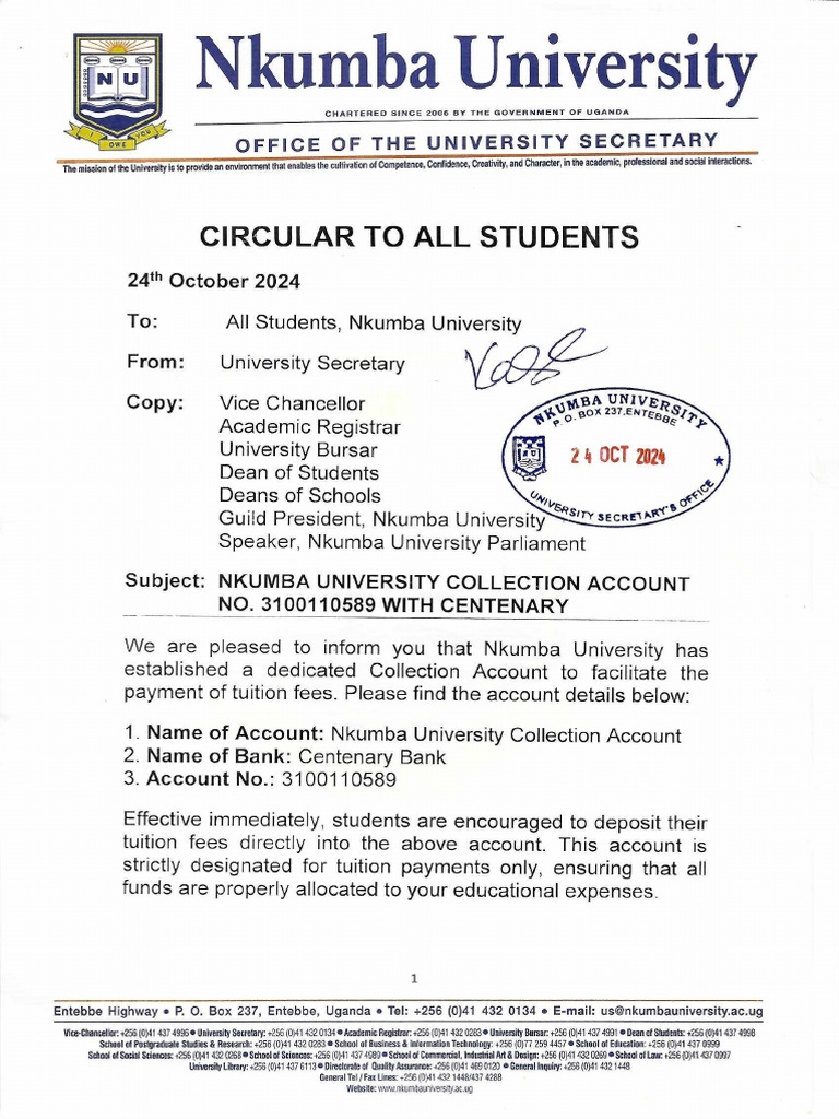 Nkumba University Collection Account No. 3100110589 With Centenary Bank ...