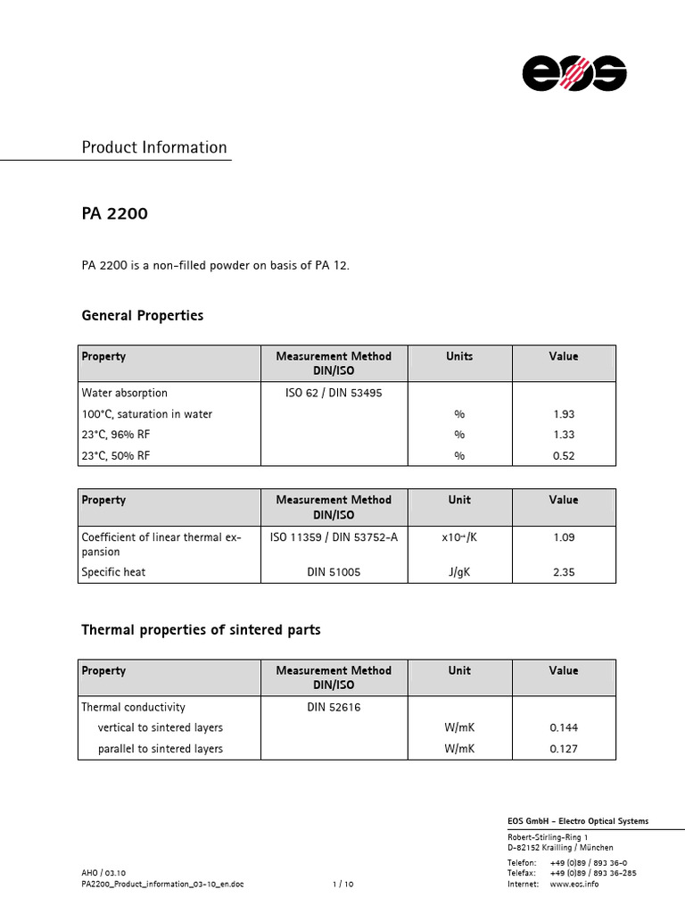 PA2200 Product Information 03-10 en | PDF | Creep (Deformation) | Young ...