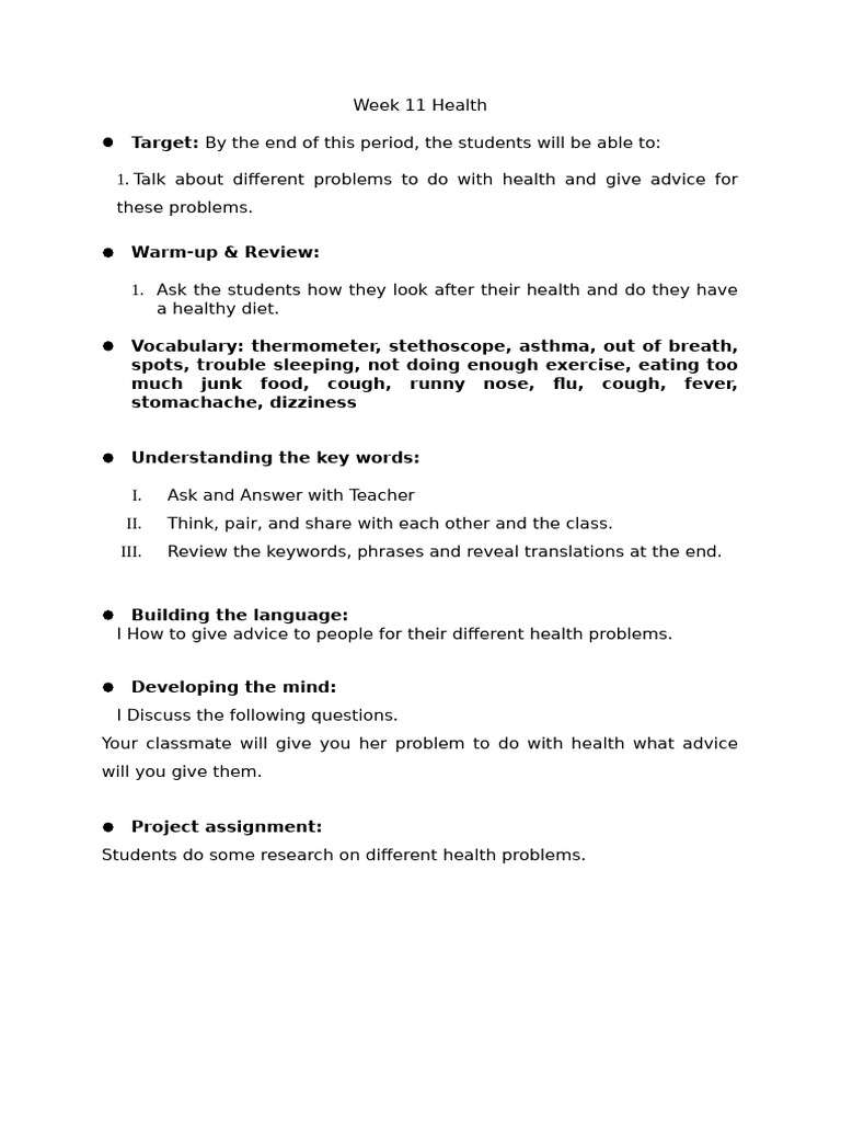 Health Advice and Vocabulary for Students | PDF