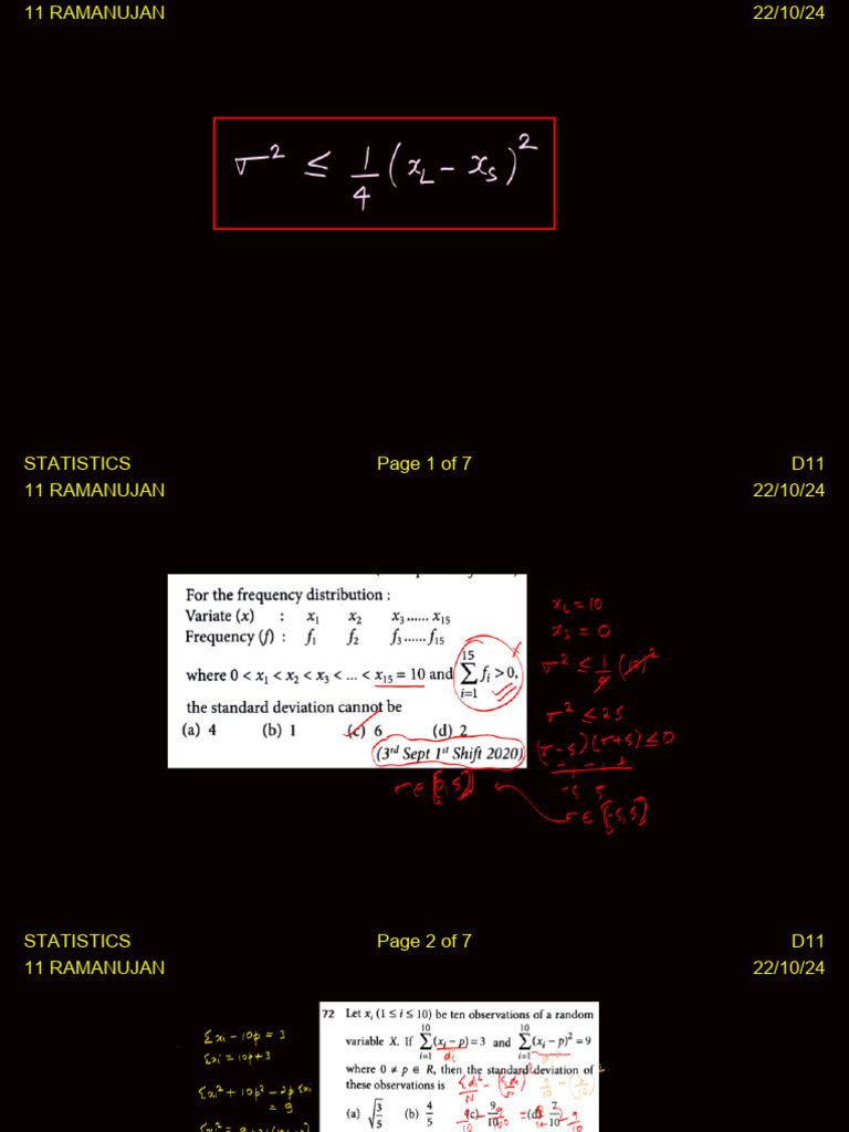Ramanujan (11b1) Statistics Day - 11 (21-10-24) by Rohan Sir | PDF | Finance & Money Management
