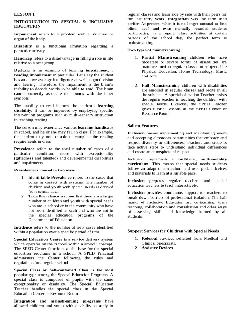 EDUC 104 Midterm Reviewer | PDF | Special Education | Inclusion (Education)