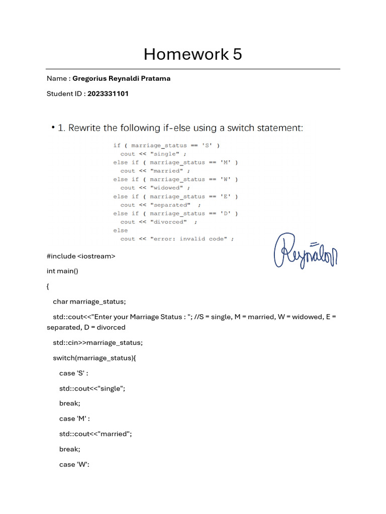 1 - 2023331101 Gregorius Reynaldi Pratama - HW5 | PDF | C++ | Computer Programming