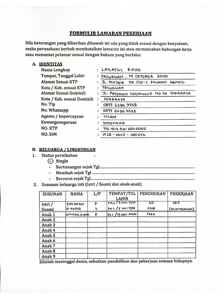 Form Lamaran Pekerjaan - Lailatul Rifah | PDF