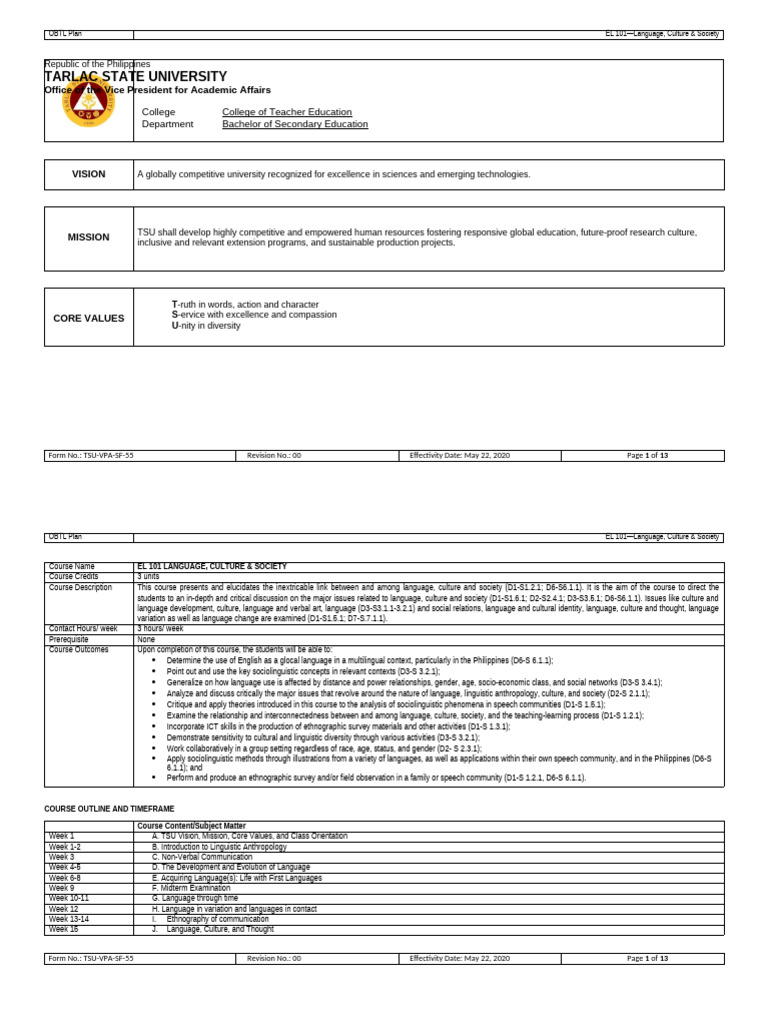 Obtl El 101 Language Culture and Society | PDF | Ethnography | Sociolinguistics