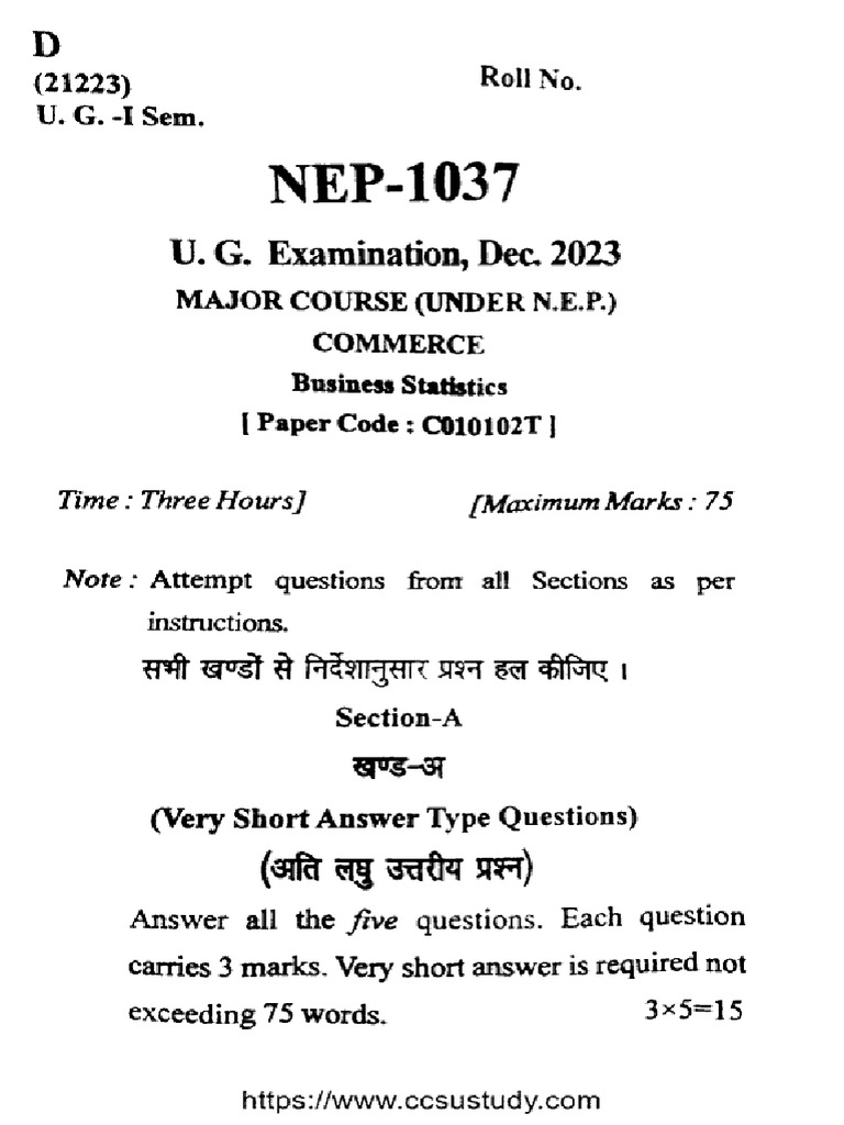 Bcom 1 Sem Commerce Business Statistics Nep 1037 Dec 2023 | PDF