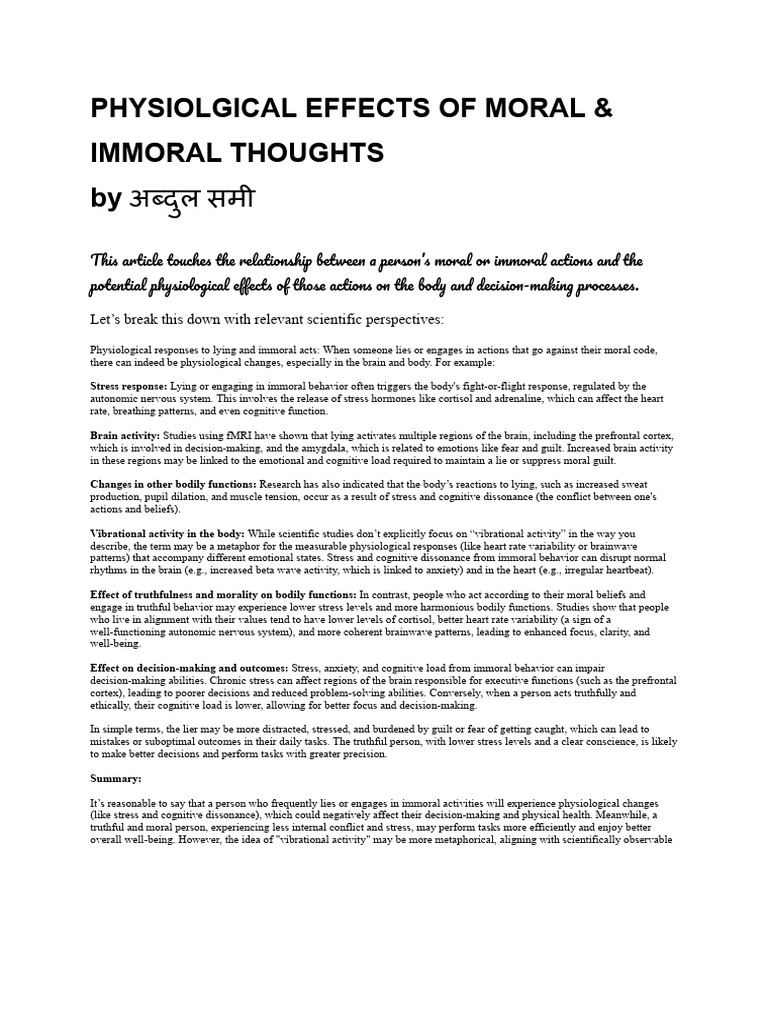 Physiolgical Effects of Moral & Immoral Thoughts | PDF | Stress (Biology) | Fight Or Flight Response