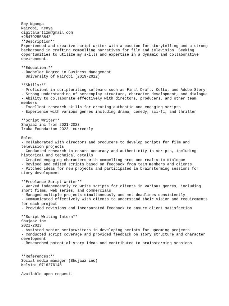 Script Writter CV | PDF | Business | Art