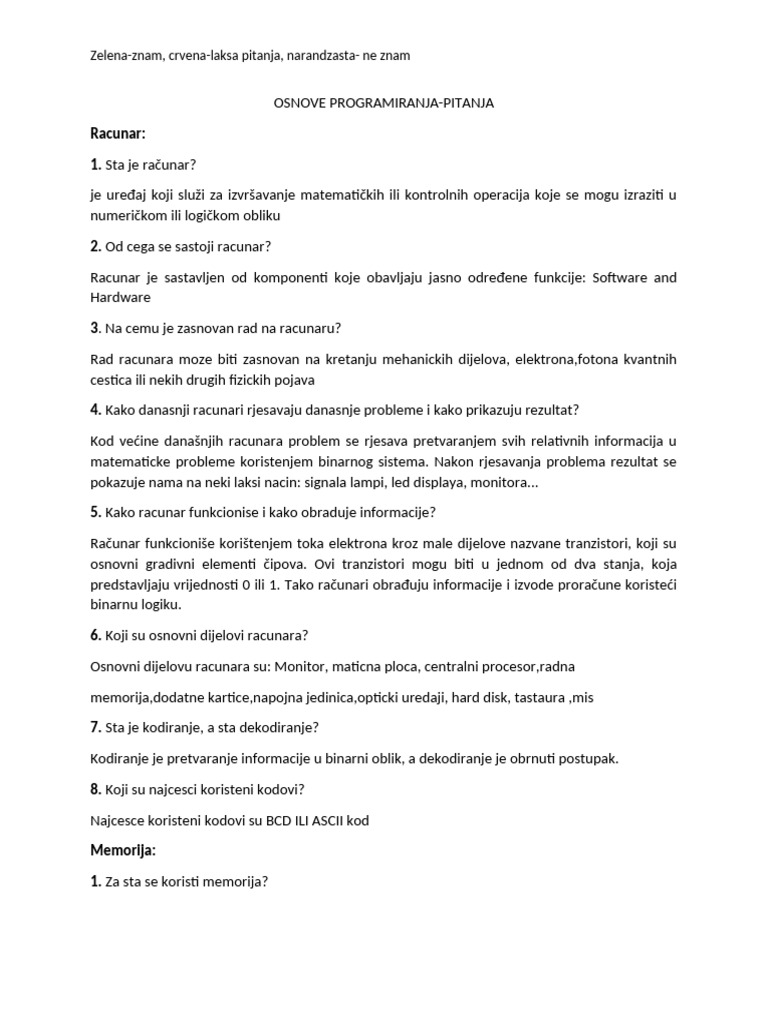 OSNOVE PROGRAMIRANJA Pitanja | PDF