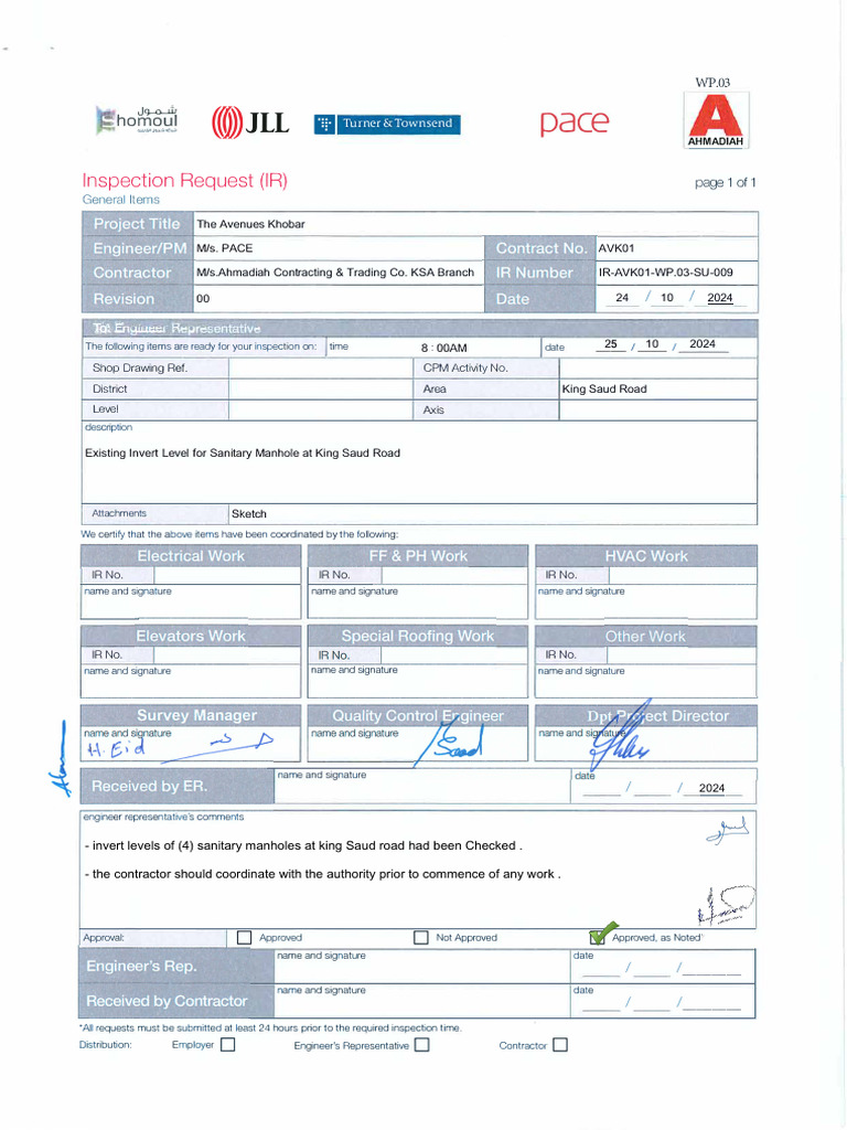 IR-AVK01-WP.03-SU-009 (King Saud Road) Existing Invert Level For Sanitary Manhole at King Saud ...