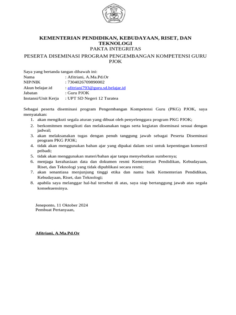 Template Pakta Integritas - Peserta Diseminasi PKG PJOK | PDF