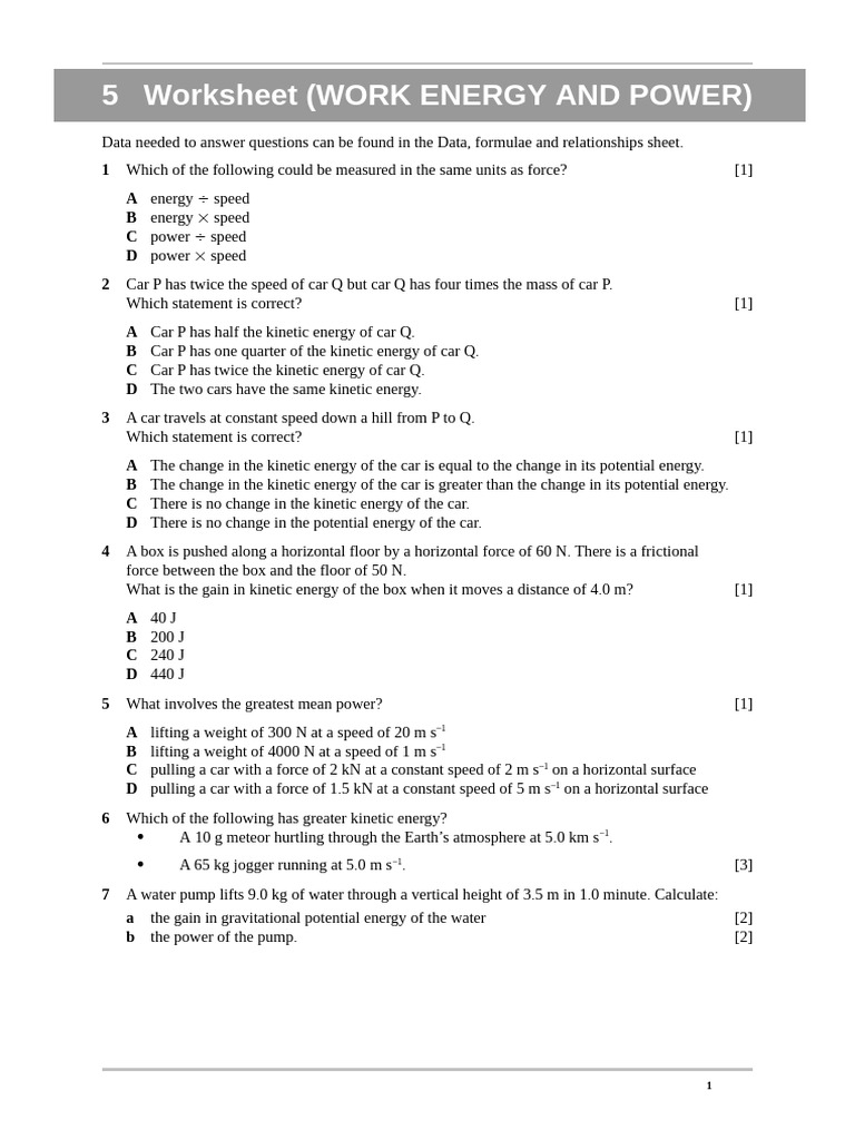 Work Energy Power Worksheet | PDF | Force | Kinetic Energy