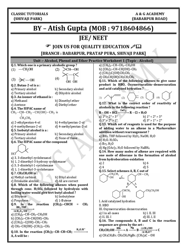 Worksheet - 1 (Alcohol, Phenol Ether) | PDF | Ether | Chemical Compounds