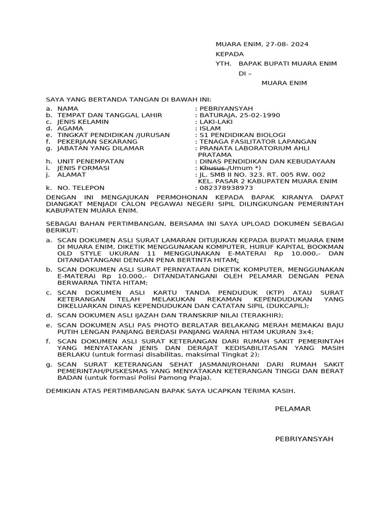 Contoh Surat Lamaran CPNS 2024 | PDF