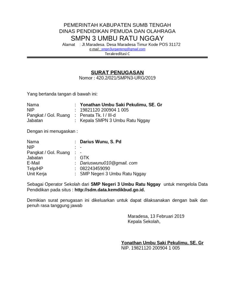 Contoh SK Tugas Penugasan Operator Sekolah 2019 | PDF