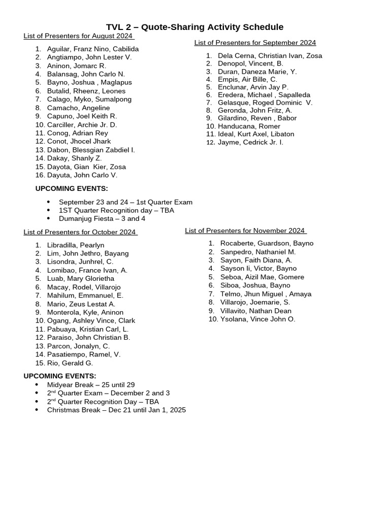 Weekly Themed TVL 2 Sched | PDF