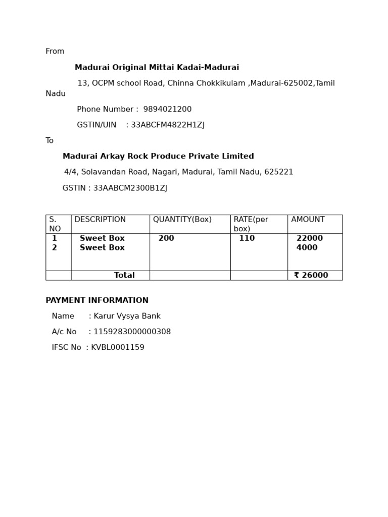 Madurai Sweet Box Invoice Details | PDF