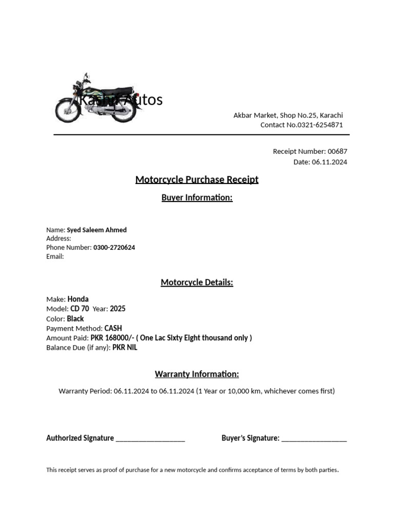 Honda Motorcycle Purchase Receipt 2024 | PDF