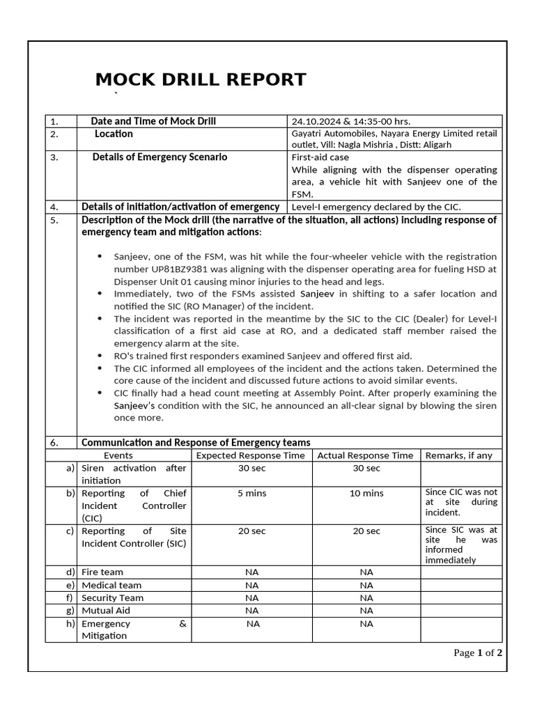 Mock Drill Report On FSM Hit by Customer, S Vehicle First-Aid Case ...