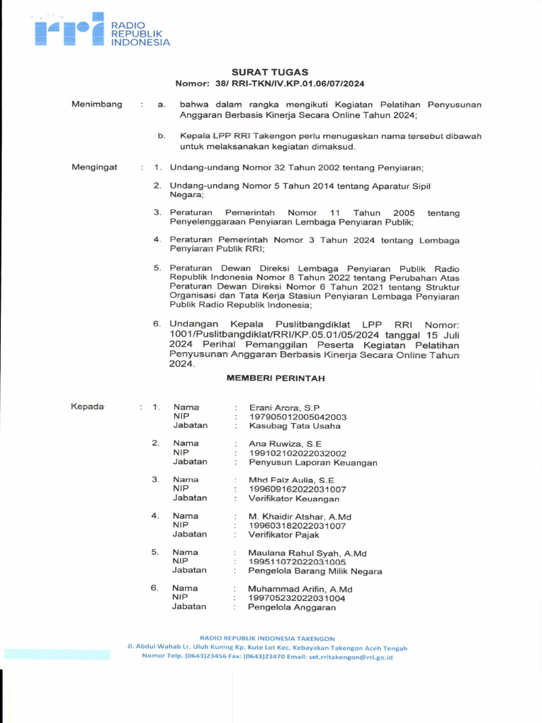 Pelatihan Penyusunan Anggaran Berbasis Kinerja - Surat Tugas Muhammad ...