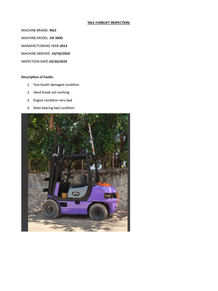 Yale Forklift Inspection Report 2024 | PDF
